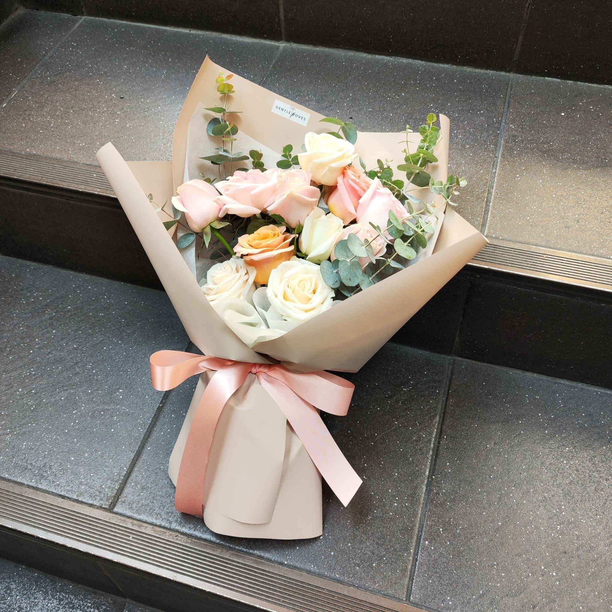 Twelve Soft Color Roses with Eucalyptus Bouquet – Gentle Doves