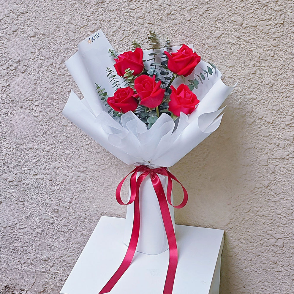 Five Red Roses with Eucayptus Bouquet – Gentle Doves Flower Shop